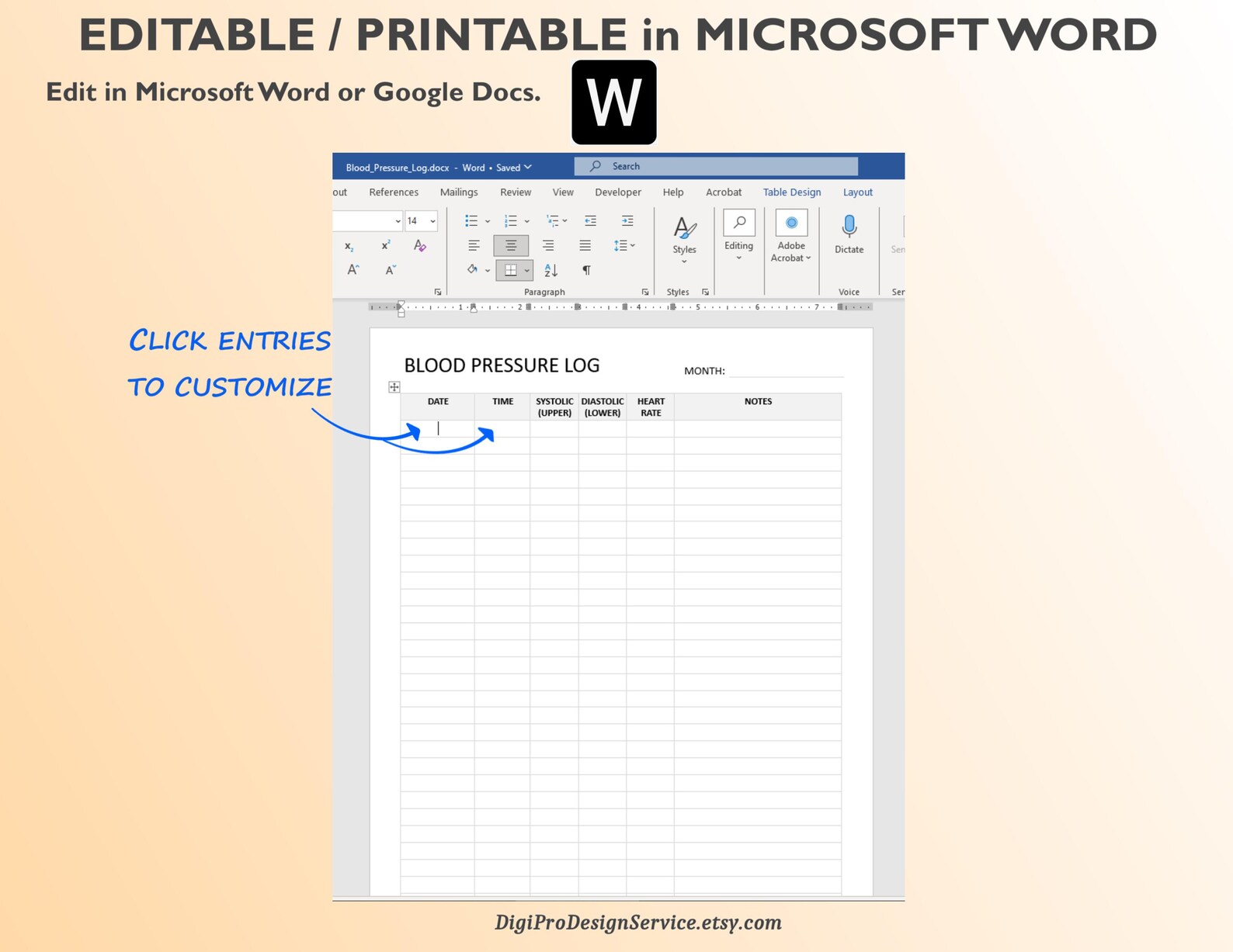 Blood Pressure Log Form. Editable or Printable Digital Form. Digitally ...