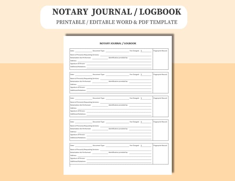 Notary Journal Logbook: Printable/editable PDF & Word Template - Etsy