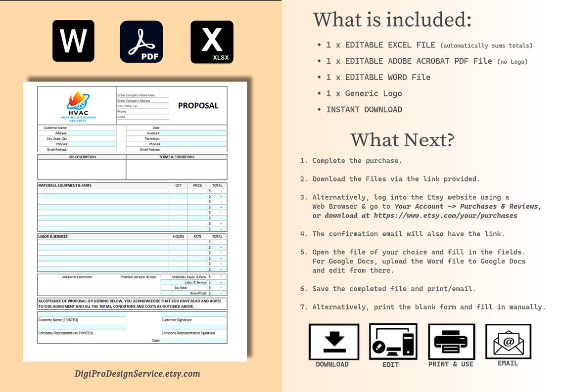 Editable HVAC Proposal Template: Excel, Word, PDF, Google Sheets - Etsy