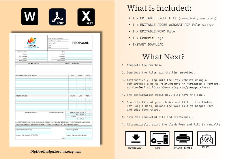 Editable HVAC Proposal Template: Excel, Word, PDF, Google Sheets - Etsy