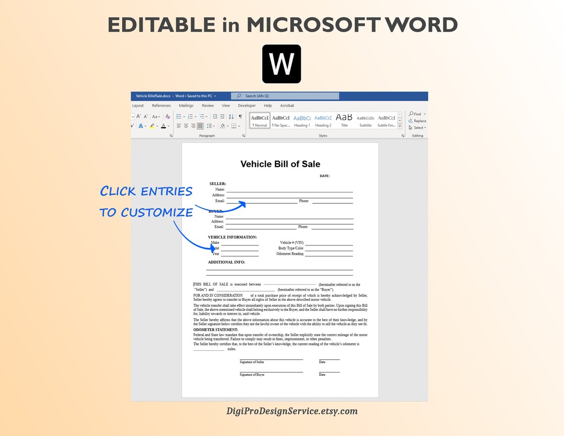Vehicle Bill of Sale - Editable Fillable in WORD & PDF. Bill of Sale ...