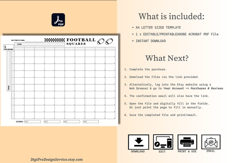 Football Squares Sheet: Editable PDF Template - Etsy