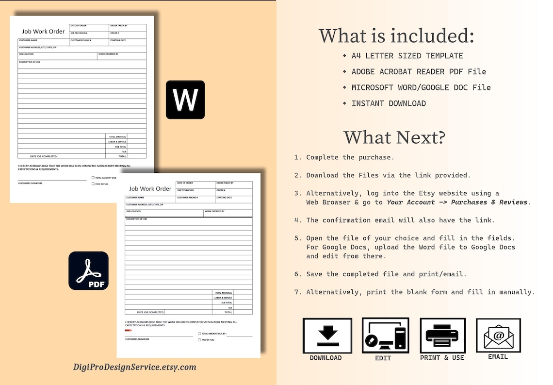 Job Work Order Form - Editable in Microsoft Word, Adobe Acrobat PDF or ...