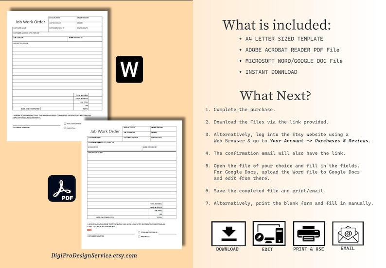 Editable Job Work Order Form (PDF, Word, Google Docs) - Etsy