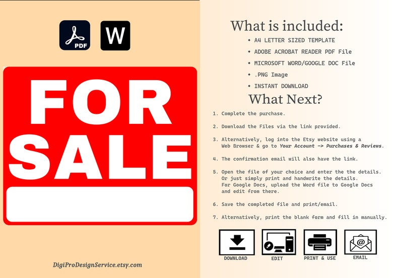 FOR SALE Sign. Printable/editable in Word and PDF Templates. - Etsy
