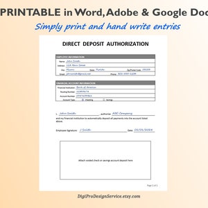 Direct Deposit Authorization Form. Editable and Printable Word and ...