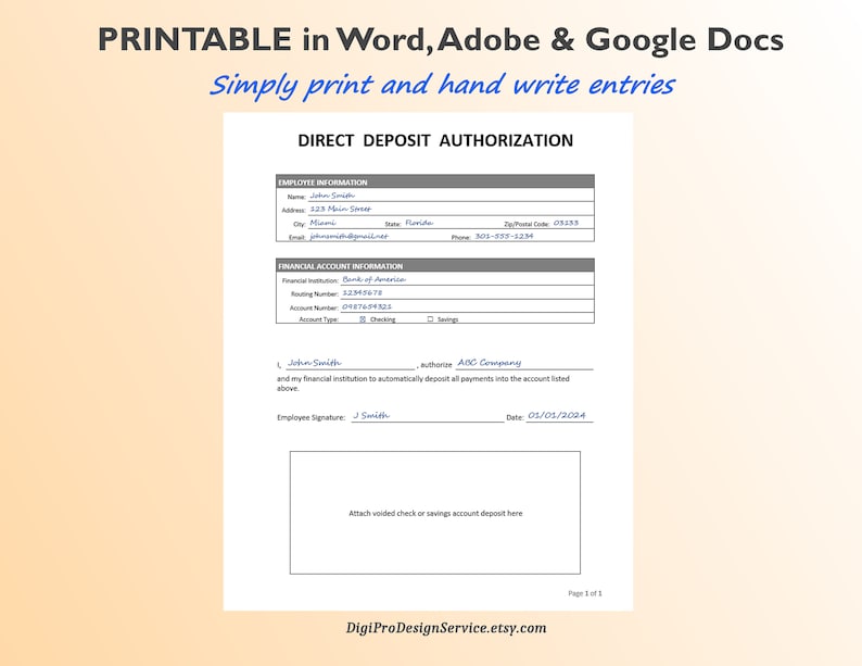 Direct Deposit Authorization Form. Editable and Printable Word and ...