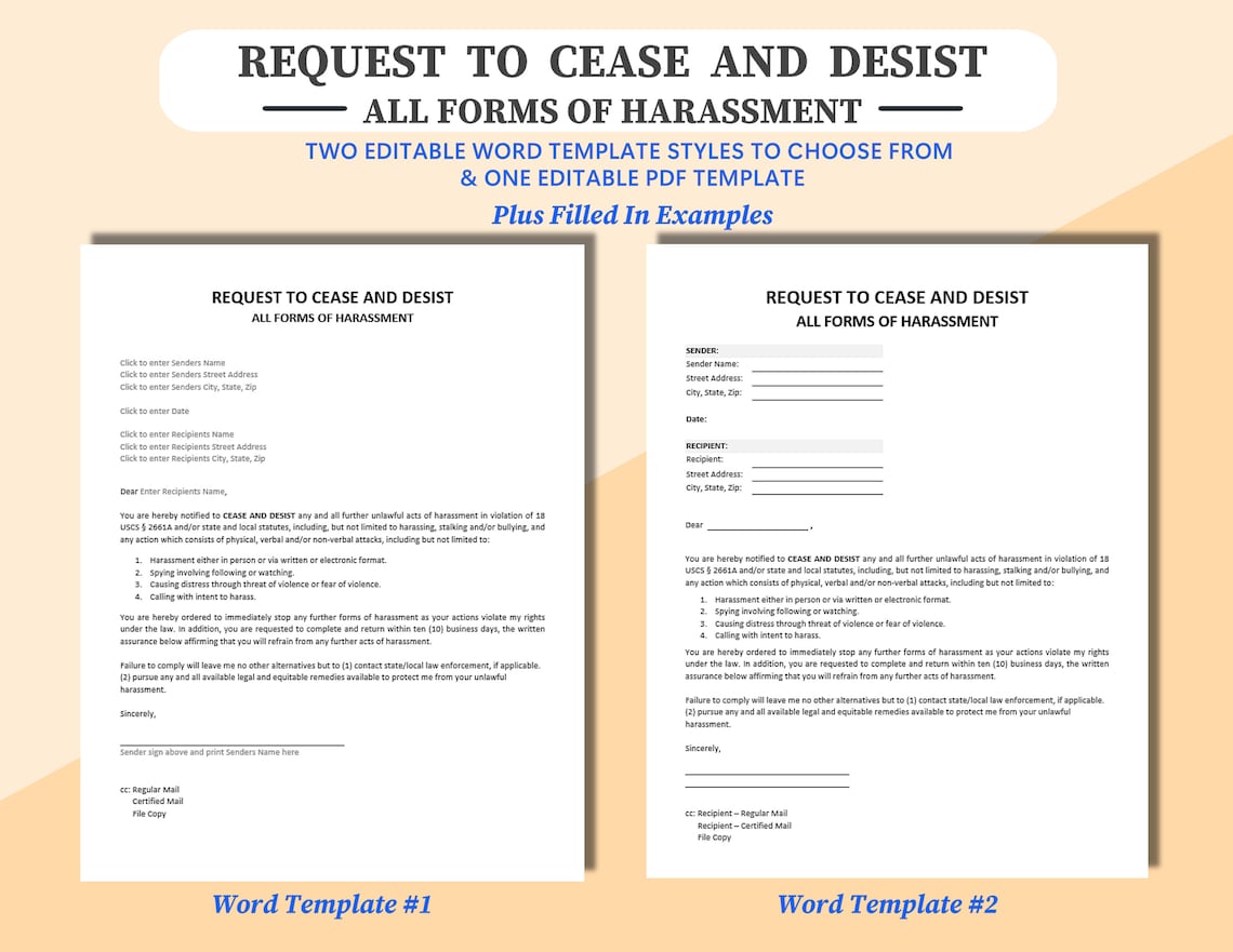 Harassment Cease and Desist Form - All Forms of Harassment. Fully Editable Word and PDF ...