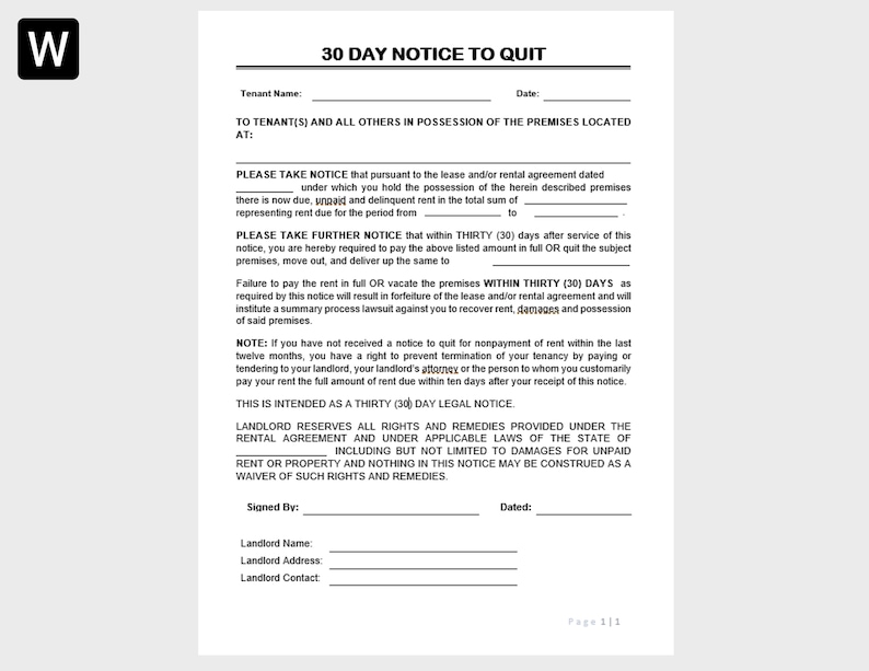 30-day Notice to Quit Template: Editable Tenant Vacate Form (PDF & Word ...