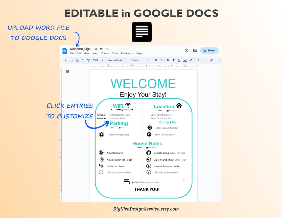 Airbnb Welcome Sign - Editable in WORD, Adobe PDF & Google Docs. A4/US ...