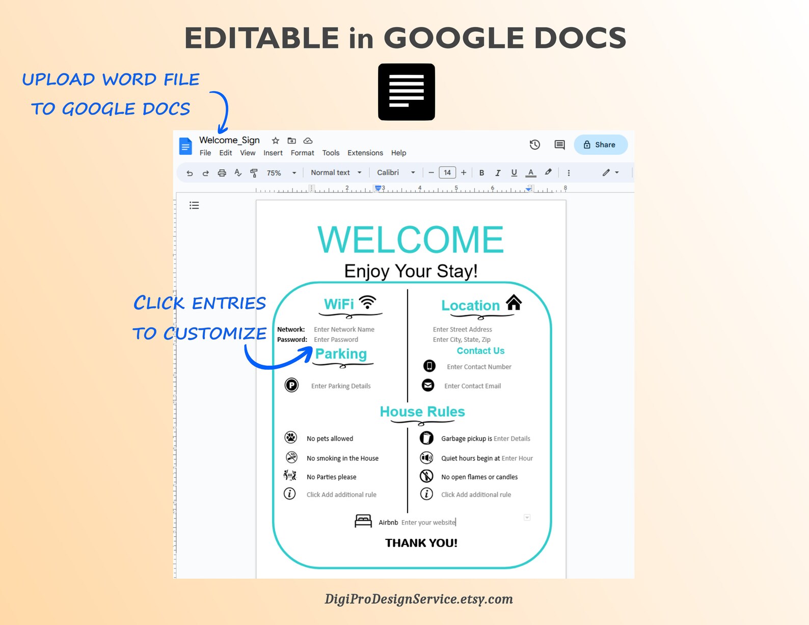 Airbnb Welcome Sign - Editable in WORD, Adobe PDF & Google Docs. A4/US ...