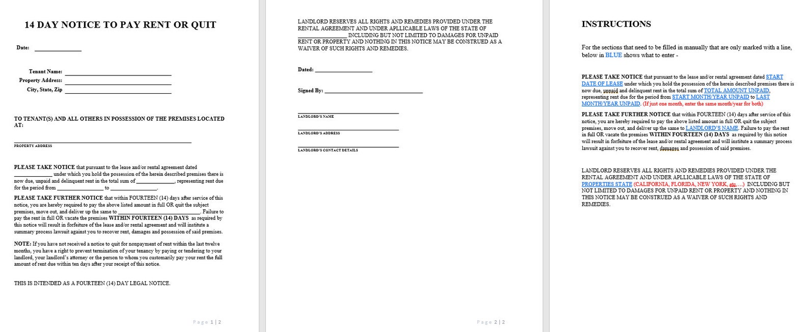 Printable 14 Day Notice to Pay Rent or Quit (word Doc) - Etsy