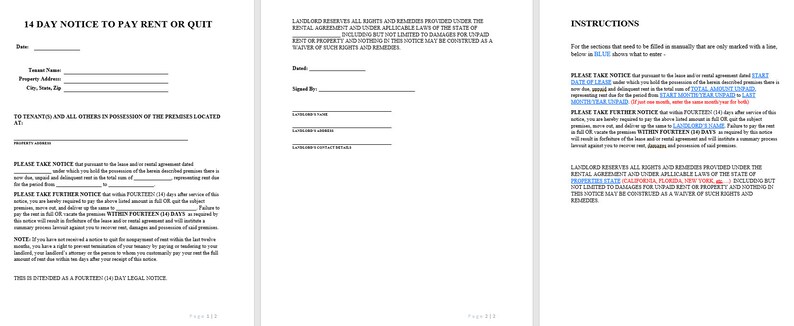 Printable 14 Day Notice to Pay Rent or Quit (word Doc) - Etsy