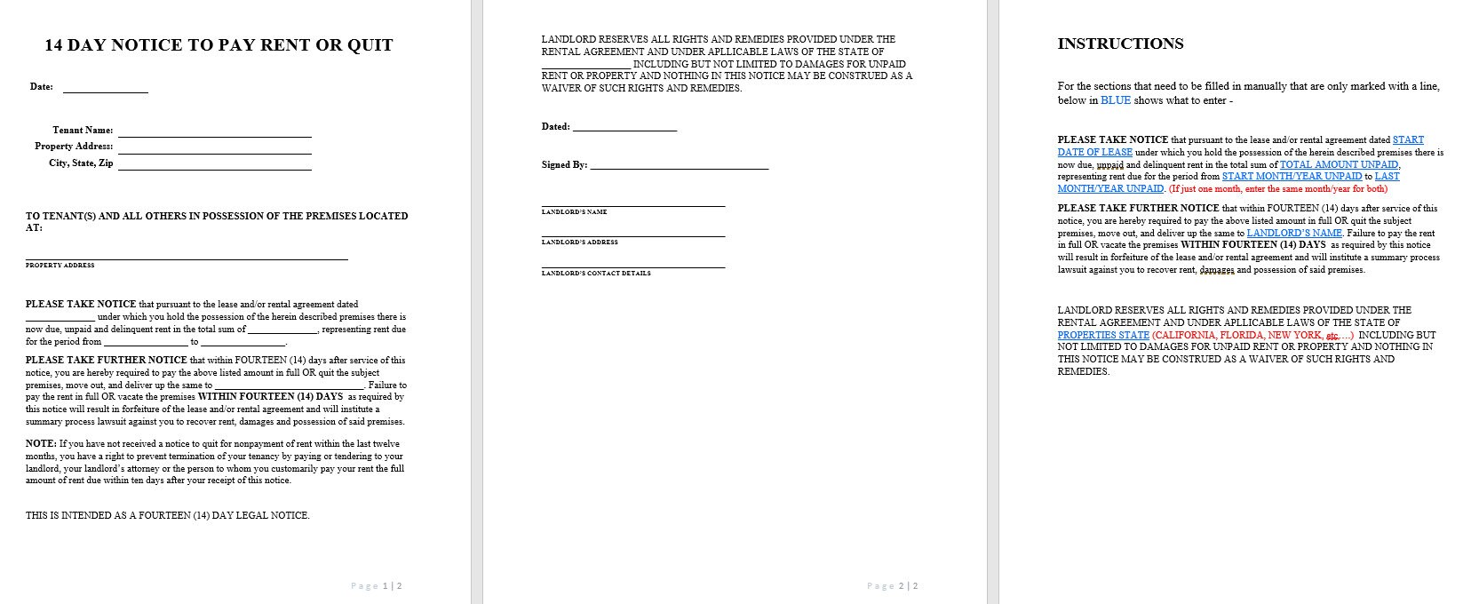 Printable 14 Day Notice to Pay Rent or Quit (word Doc) - Etsy