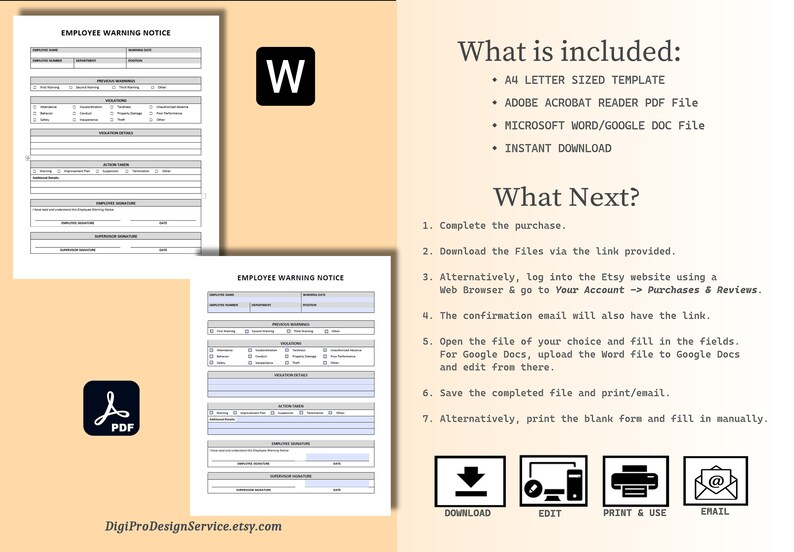 Employee Warning Notice Form: Editable PDF & Word Template - Etsy
