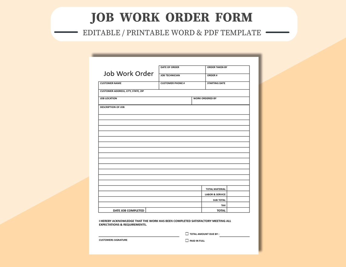 Editable Job Work Order Form (PDF, Word, Google Docs) - Etsy