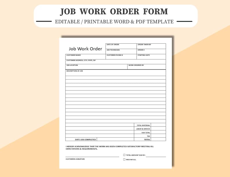 Editable Job Work Order Form (PDF, Word, Google Docs) - Etsy