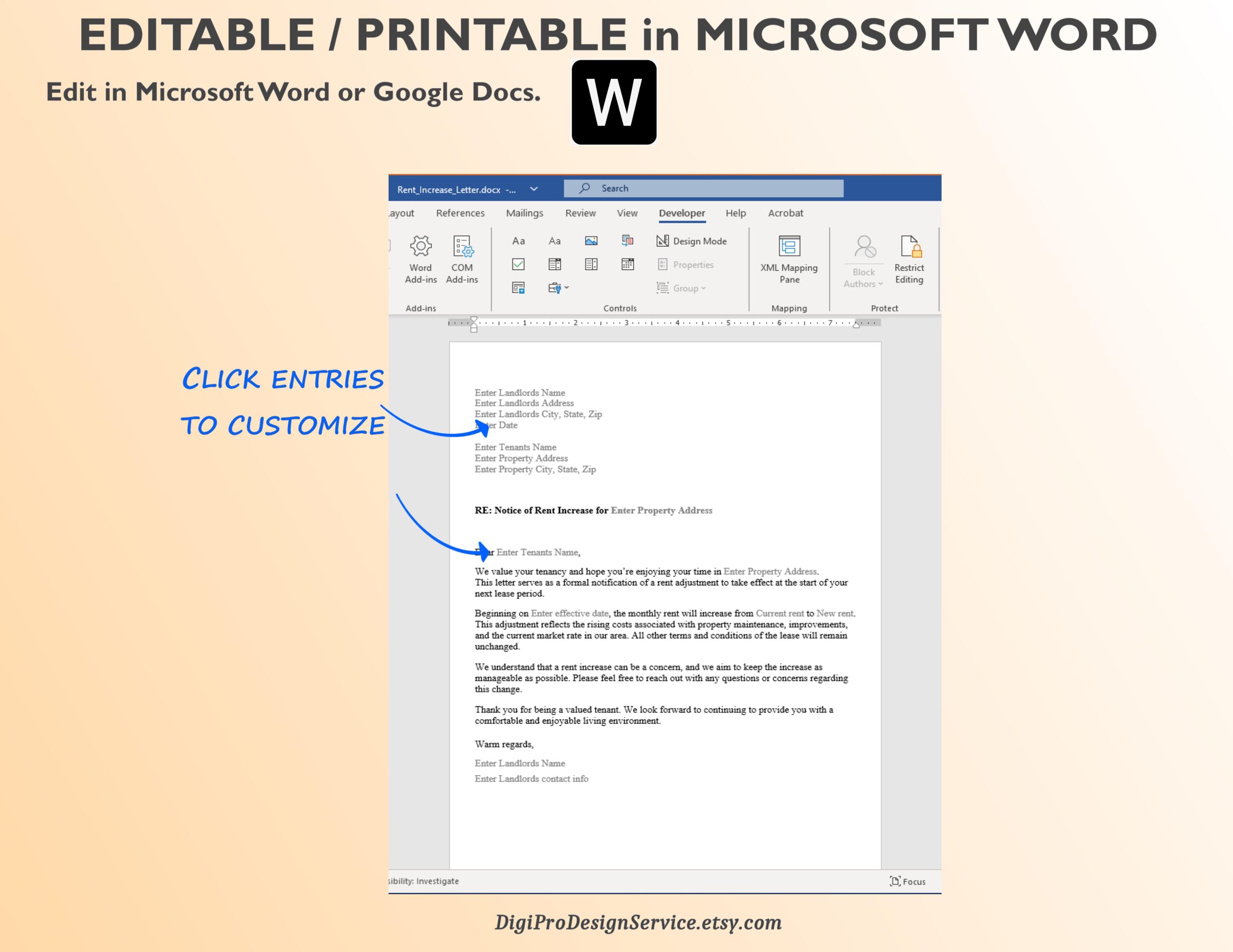 Rent Increase Letter Template: Editable PDF, Word, Google Docs - Etsy