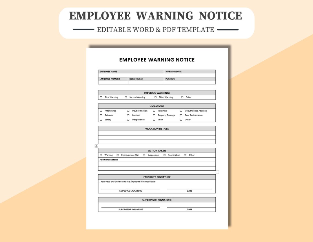 Employee Warning Notice Form: Editable PDF & Word Template - Etsy