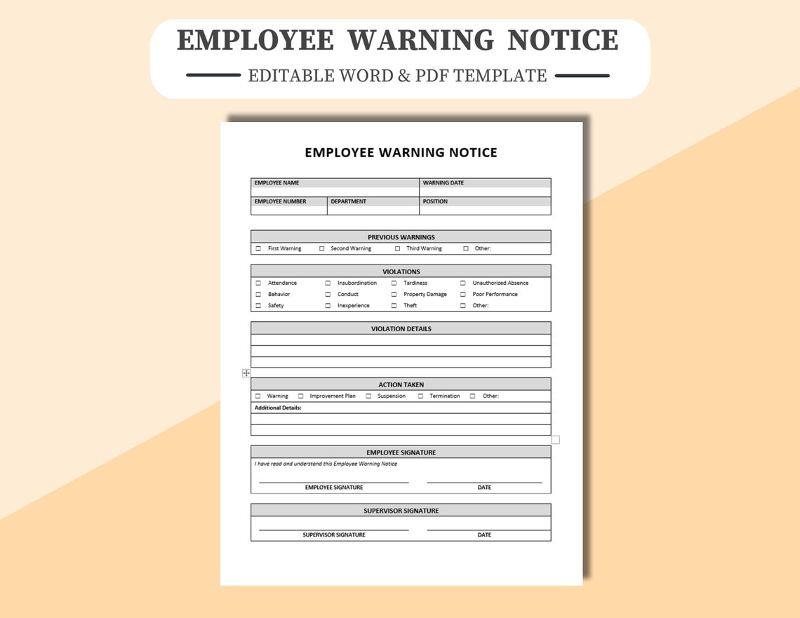 Employee Warning Notice Form: Editable PDF & Word Template - Etsy