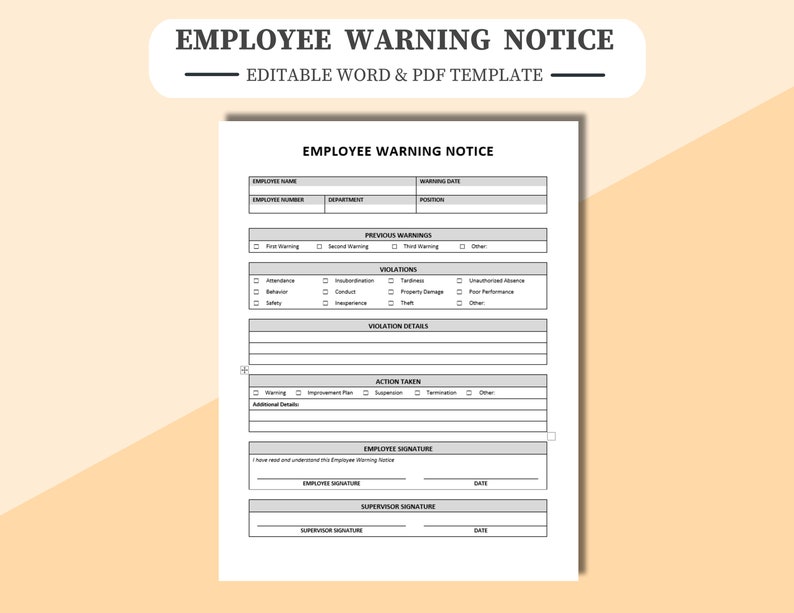 Employee Warning Notice Form: Editable PDF & Word Template - Etsy