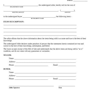 Bill of Sale Template/form, Print & Hand Write Entries. Print in Word ...