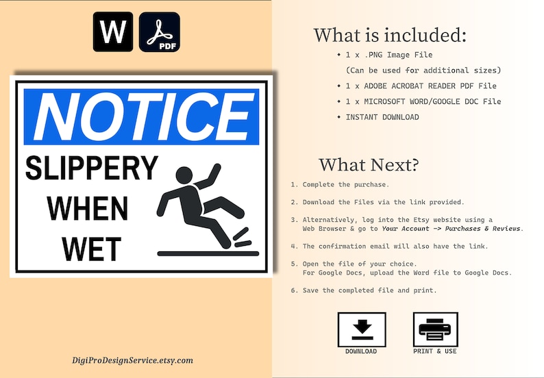 Slippery When Wet Sign: Printable Notice (PDF, Word, PNG) - Etsy