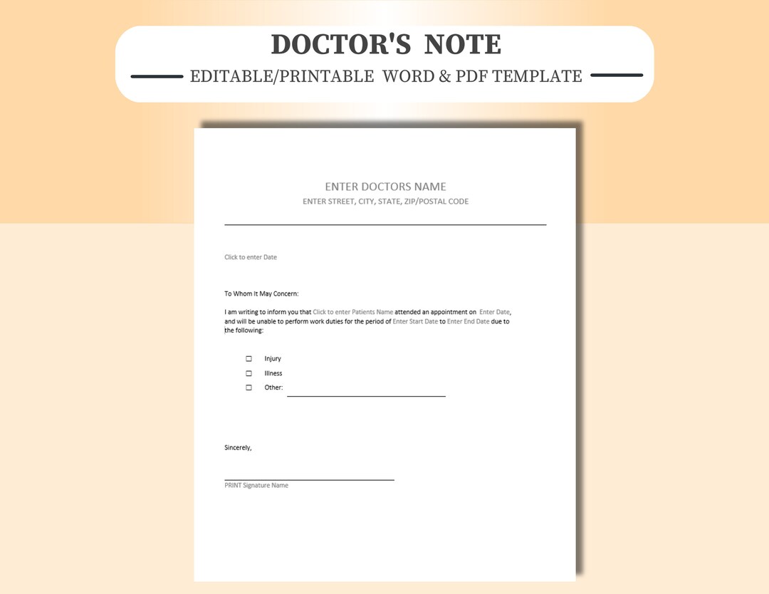Editable Doctor's Note Template: Work/school Excuse (PDF, Word, Google ...