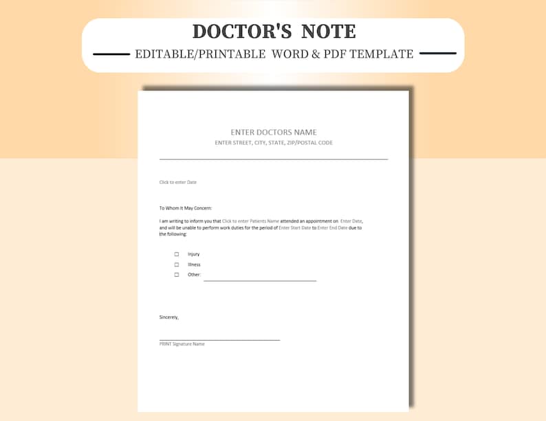 Editable Doctor's Note Template: Work/school Excuse (PDF, Word, Google ...