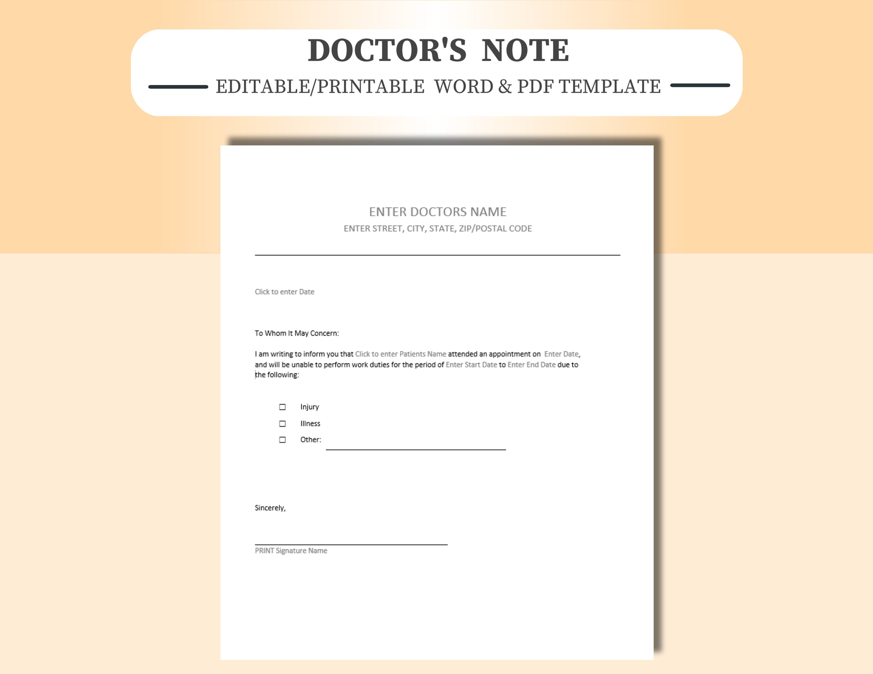 Doctors Note, Work Excuse Note - Editable in Microsoft Word, Adobe ...