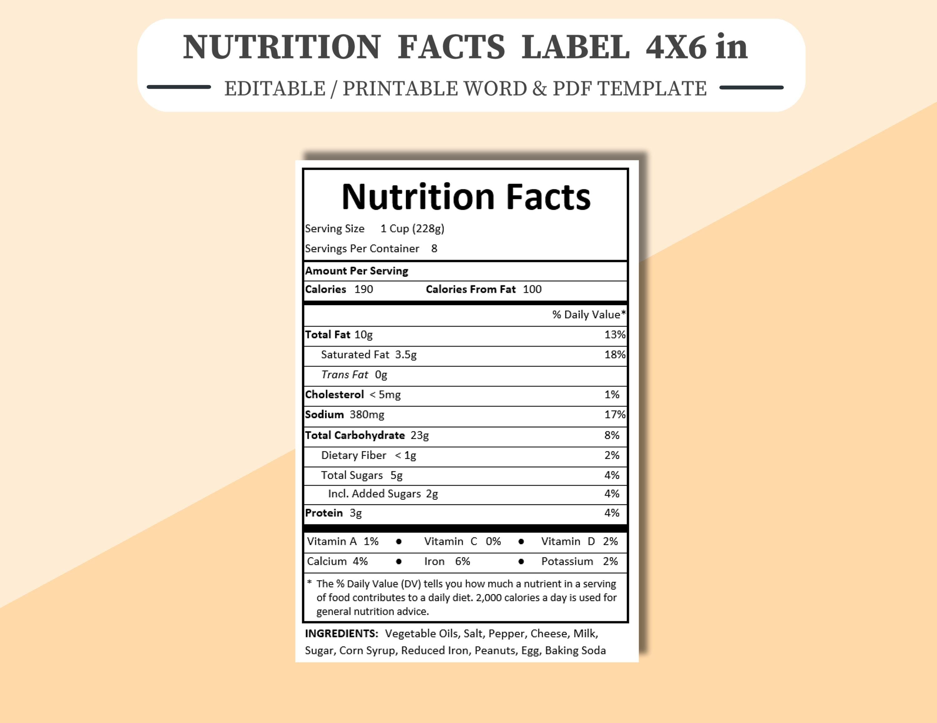 Editable Nutrition Facts Label Template (4x6 Inch) (PDF, Word, Google ...