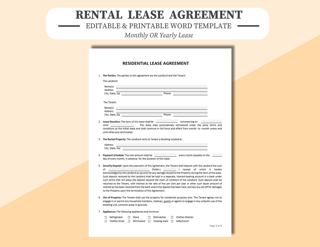 Rental Lease Agreement: Monthly or Annual, Editable Word Template - Etsy