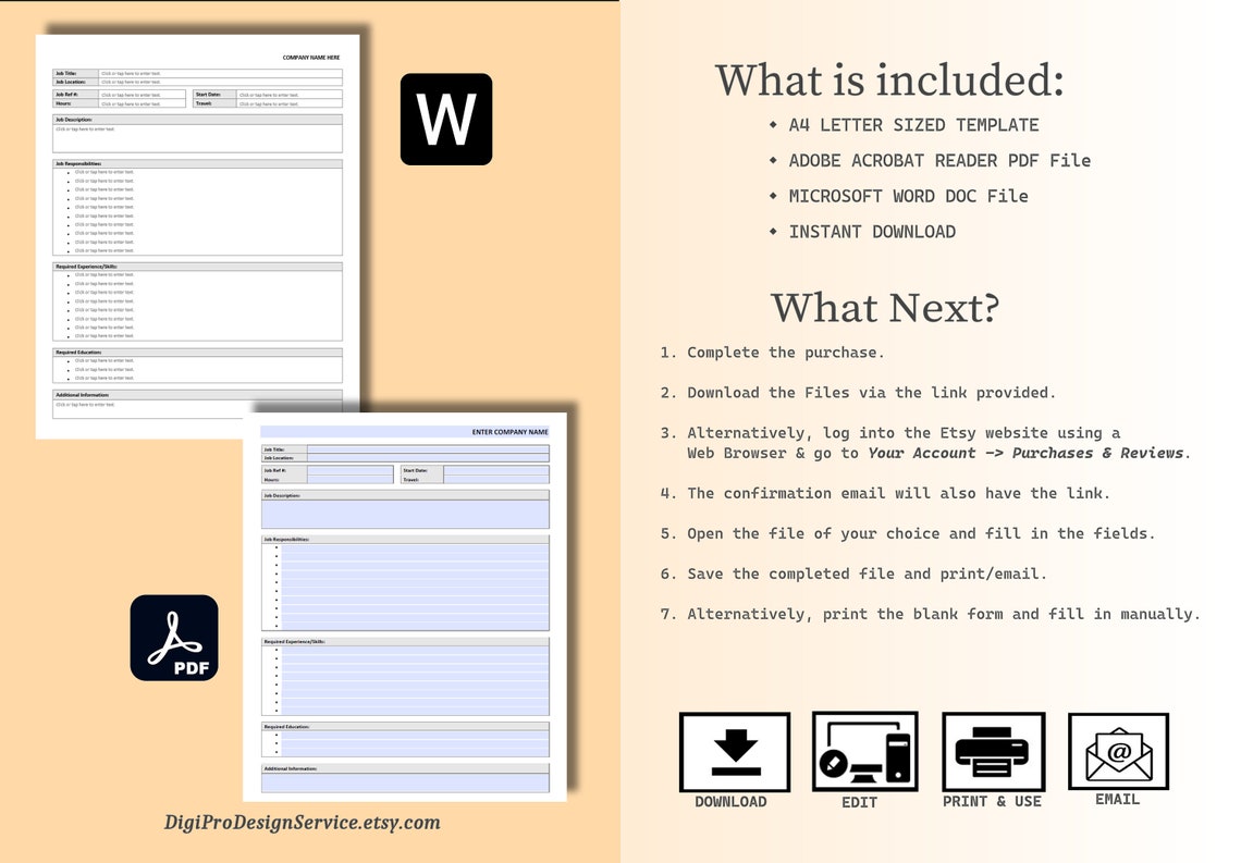 Editable Job Description Template: Word & PDF Form - Etsy