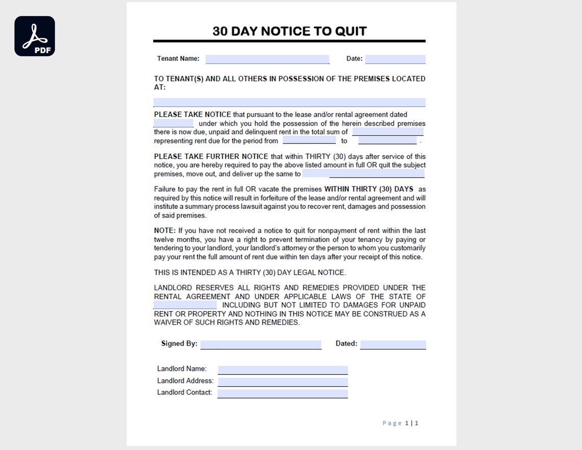 30-day Notice to Quit Template: Editable Tenant Vacate Form (PDF & Word ...
