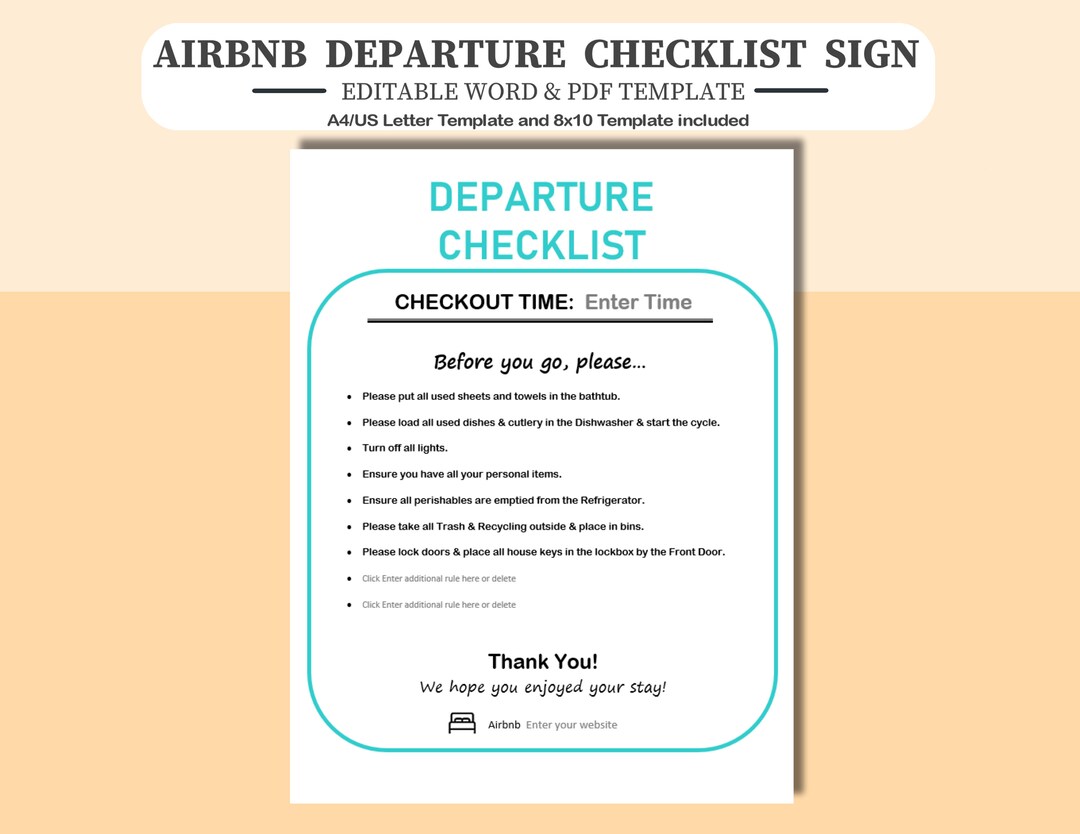 Airbnb Departure Checklist Sign - Editable in Word, Adobe PDF & Google ...