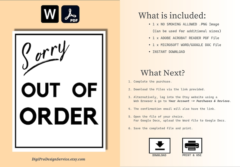 Out of Order Sign. Printable A4/letter Size Word and PDF File, Plus PNG ...