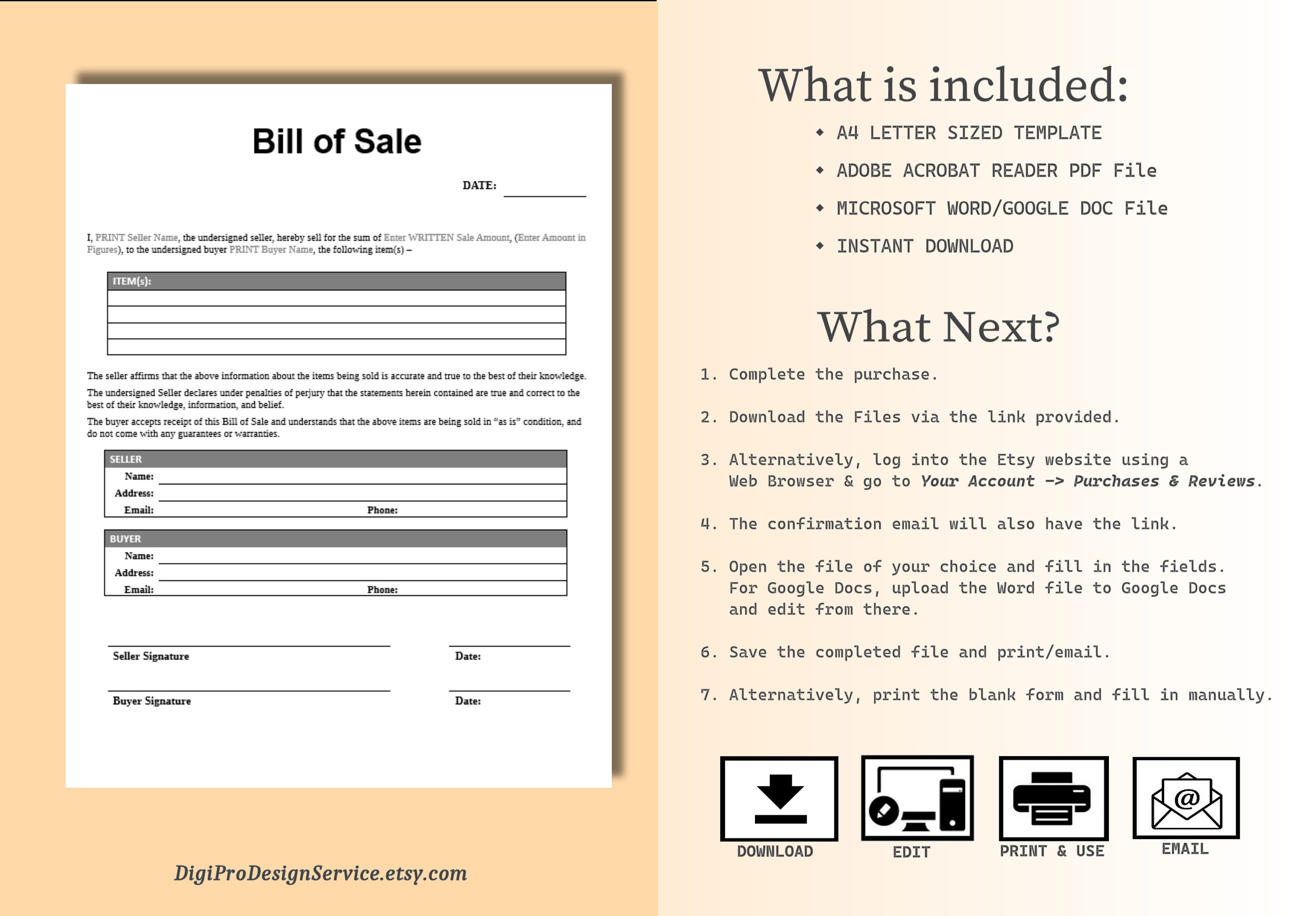 Bill of Sale Document, Fully Editable in WORD, PDF & Google Docs. Sale ...