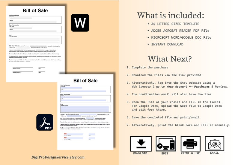 Bill of Sale - Editable/fillable in WORD & PDF. Bill of Sale Template ...