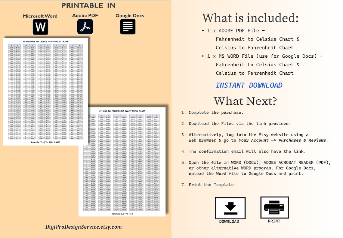 Printable Temperature Conversion Chart: Fahrenheit to Celsius (PDF) - Etsy