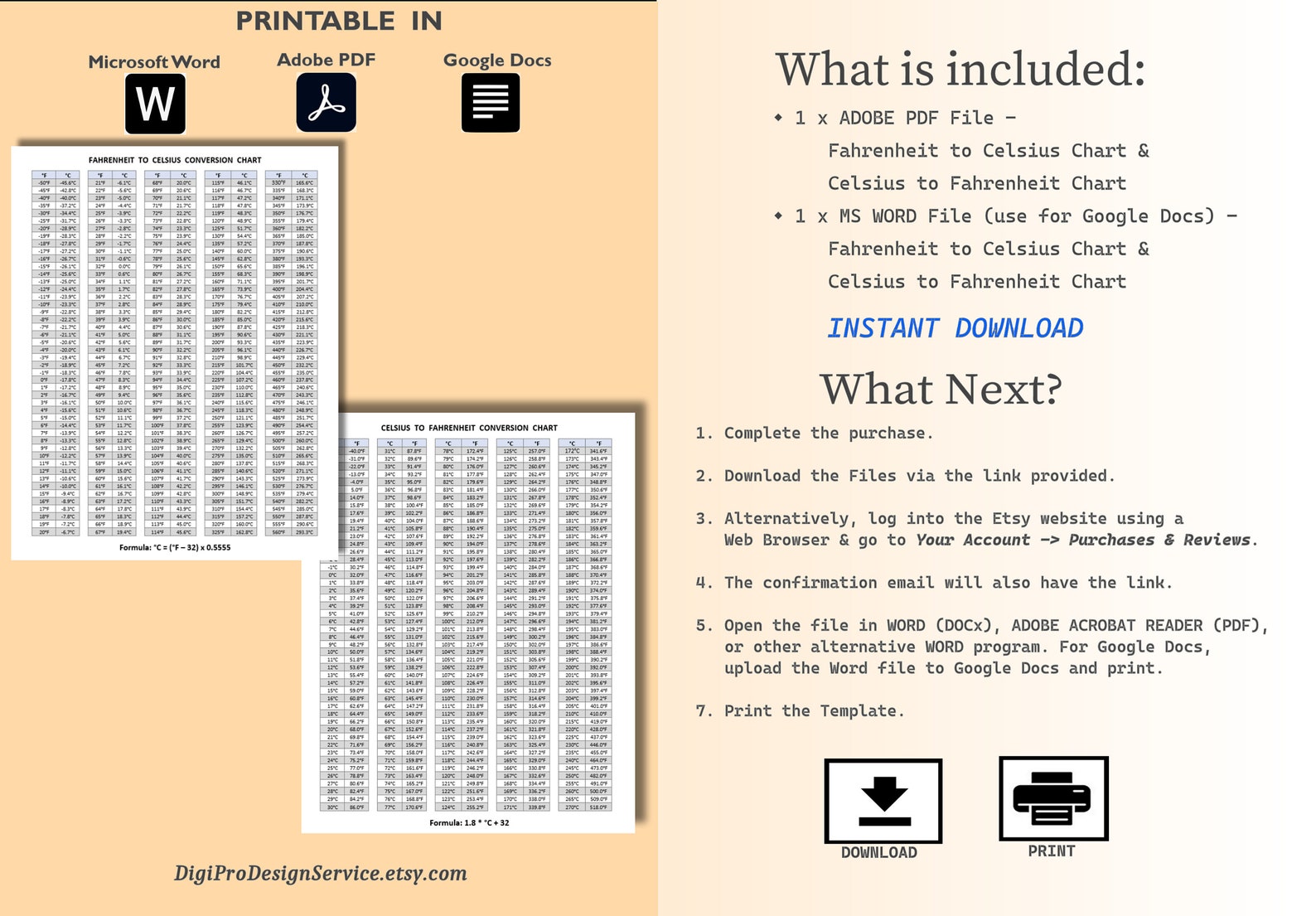 Printable Temperature Conversion Chart: Fahrenheit to Celsius (PDF) - Etsy