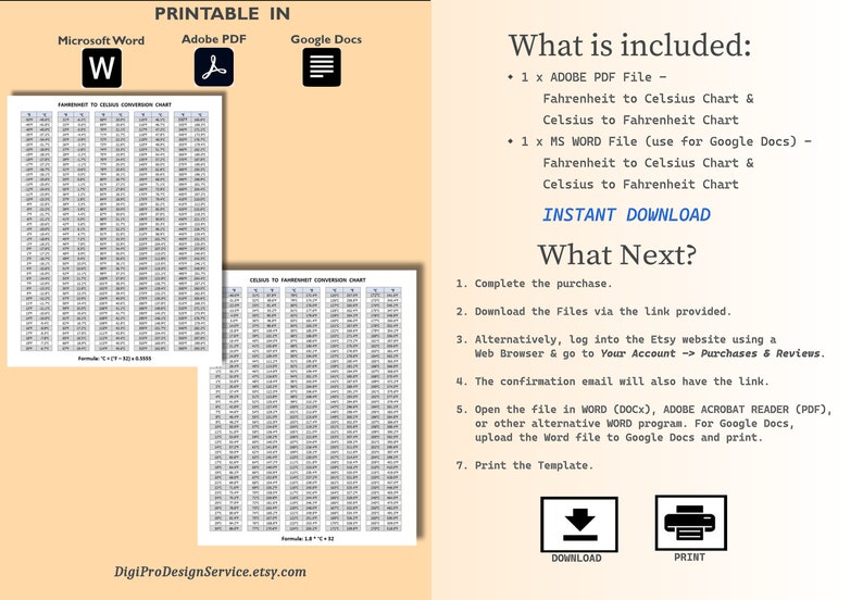 Printable Temperature Conversion Chart: Fahrenheit to Celsius (PDF) - Etsy