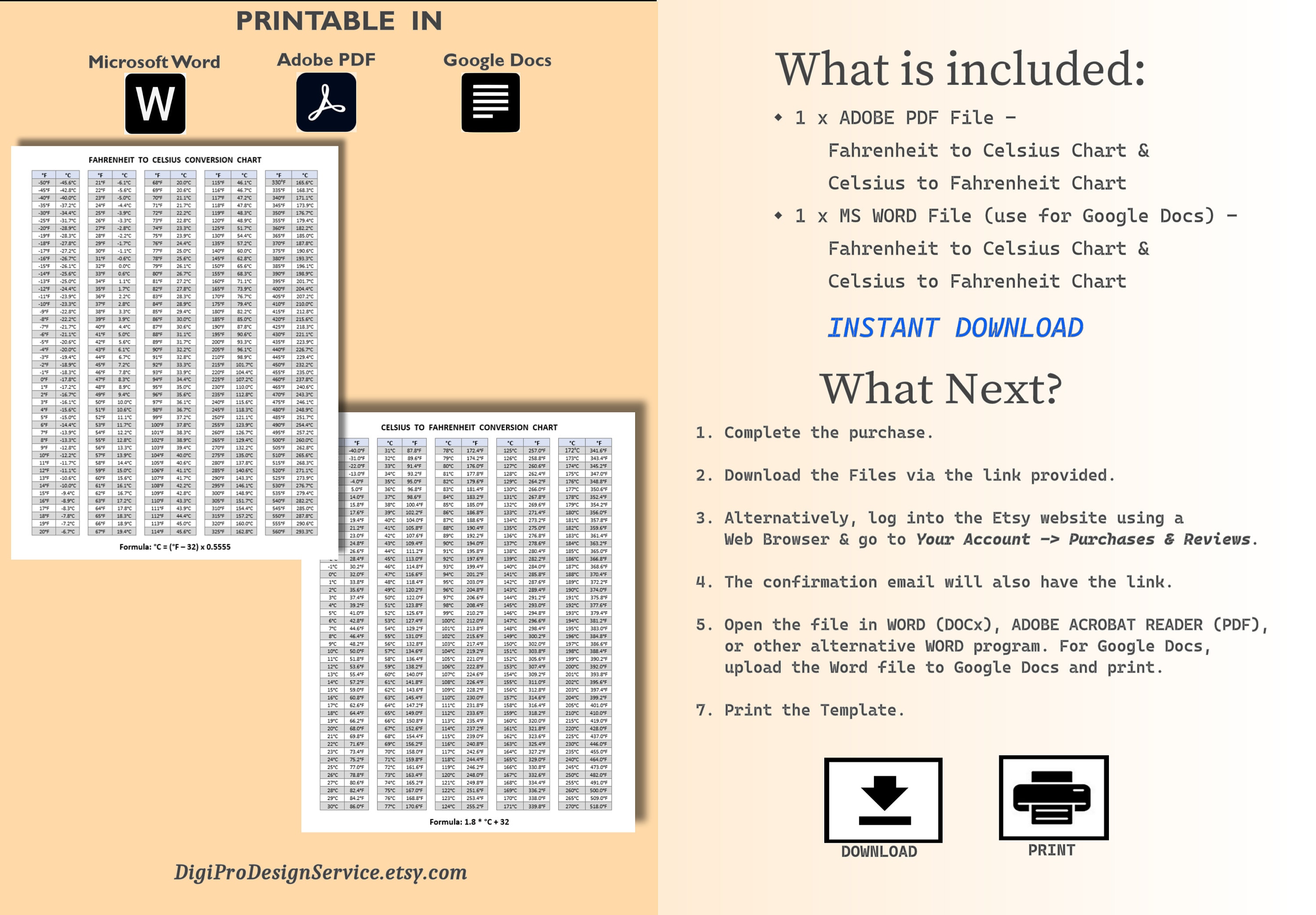 Printable Temperature Conversion Chart: Fahrenheit to Celsius (PDF) - Etsy