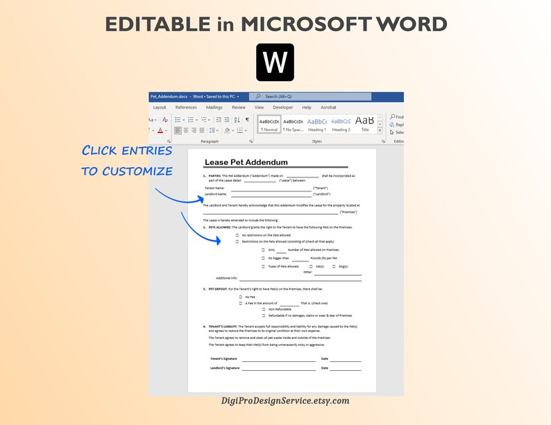 Pet Addendum to Lease: Editable Word & PDF Template - Etsy