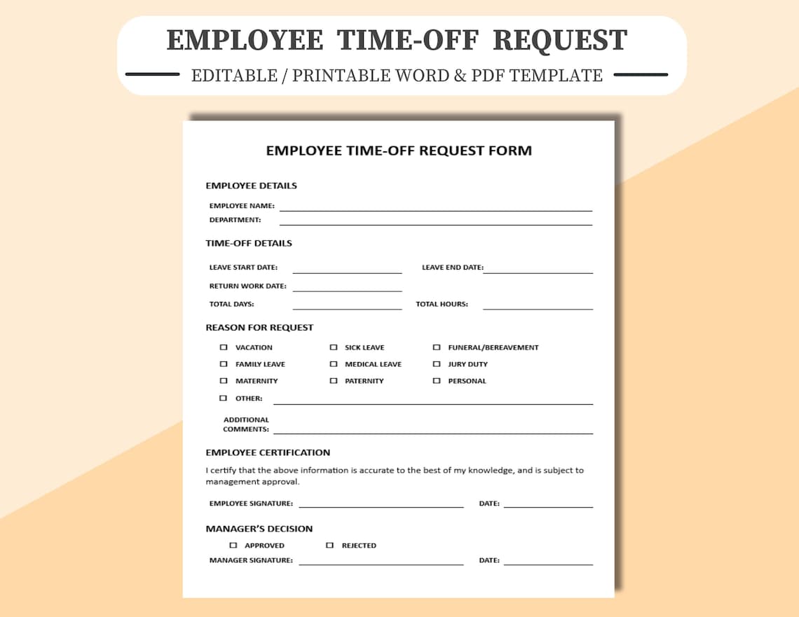 Employee Time off Request Form: Editable Fillable Template (PDF, Word ...