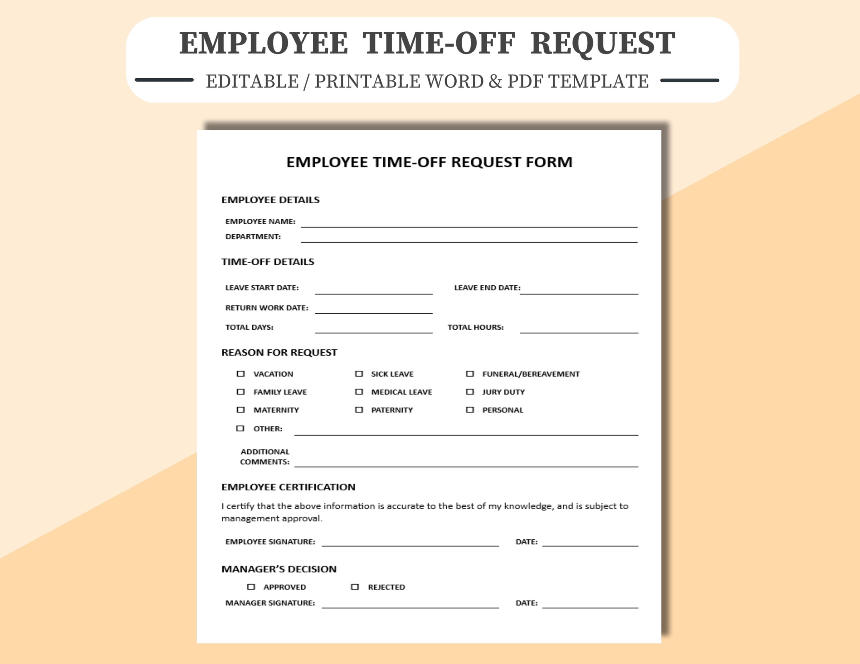 Employee Time off Request. Editable Fillable Employee Time off Form ...