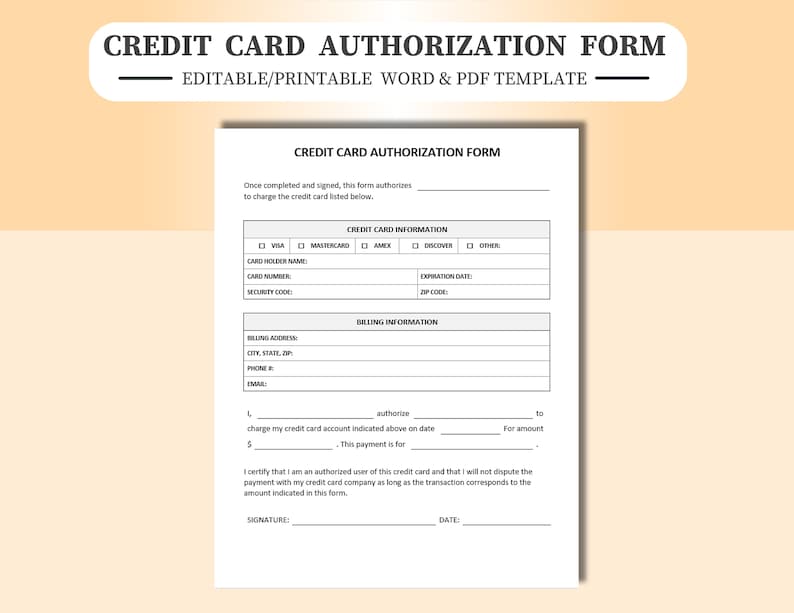 Credit Card Authorization Form: Editable PDF & Word Template - Etsy