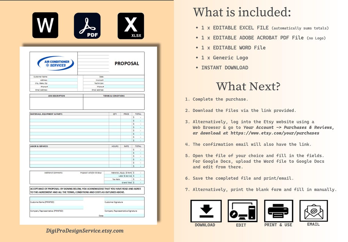 Editable Air Conditioner Proposal Template: Excel, Word, PDF - Etsy