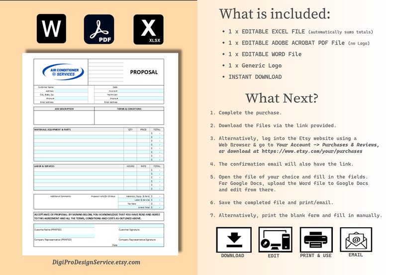 Editable Air Conditioner Proposal Template: Excel, Word, PDF - Etsy
