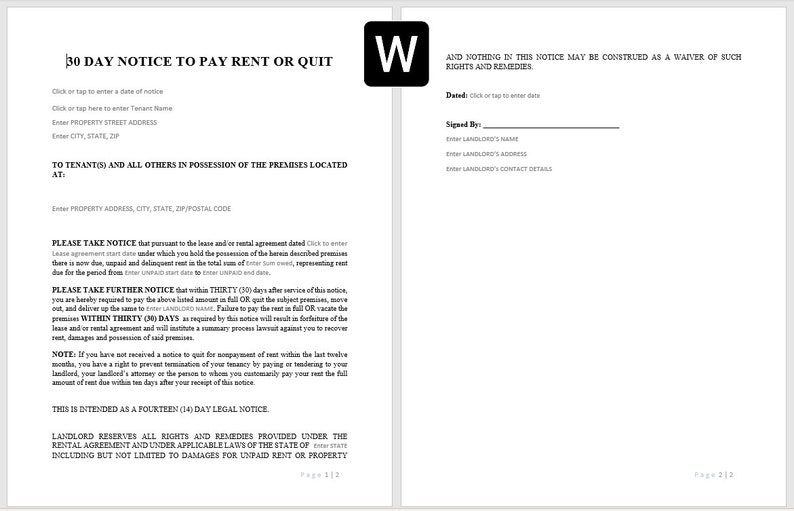 30-day Notice to Pay Rent or Quit - Editable Template (PDF, Word ...