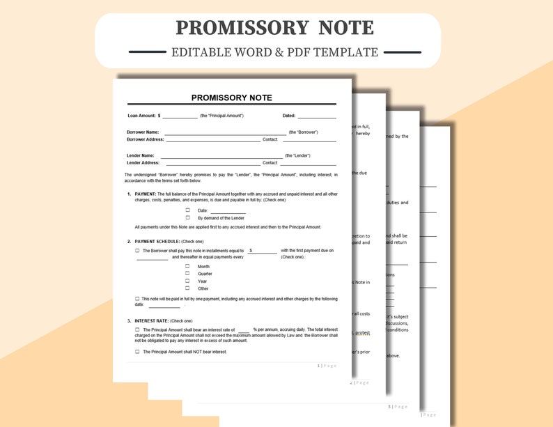 Editable Promissory Note Template (WORD & PDF) - Etsy